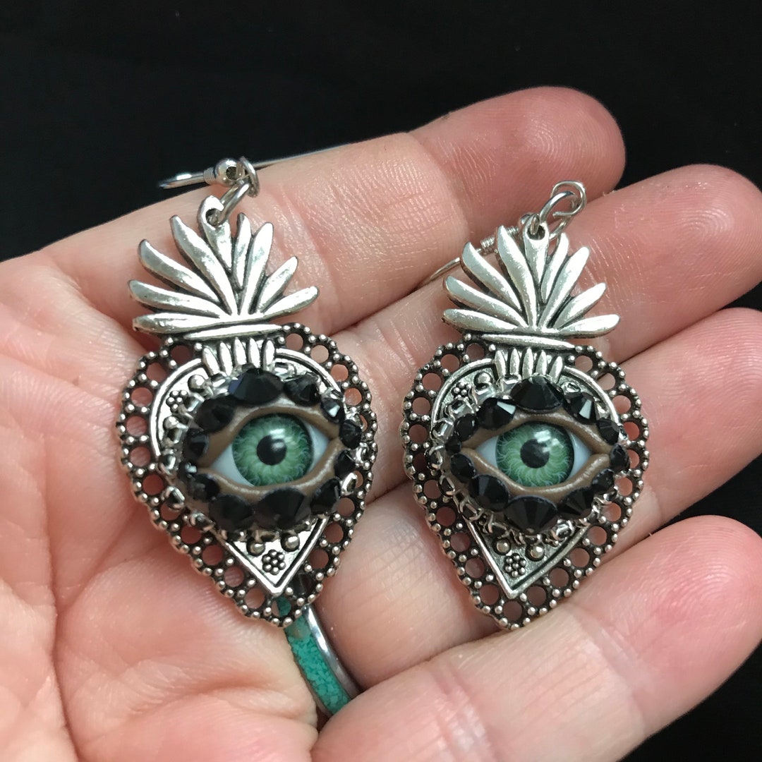 Vintage Style Silver Tone Sacred Heart Eyeball Earrings, Rhinestone Eye ...