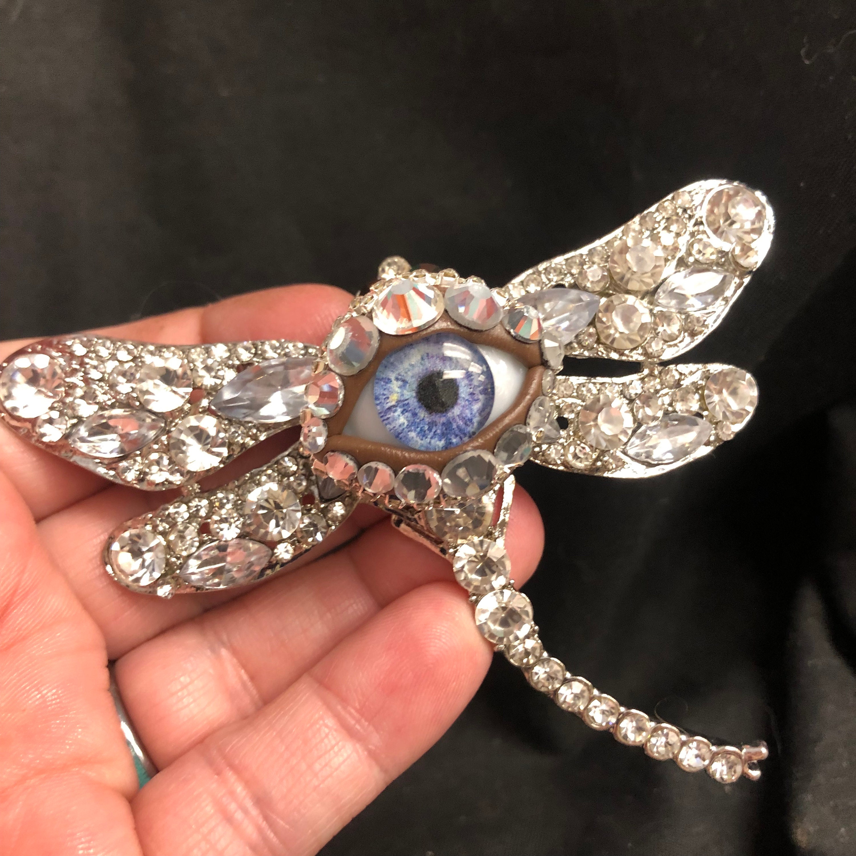 Large Crystal Dragonfly Eyeball Art Brooch With a Handmade Blue Glass ...