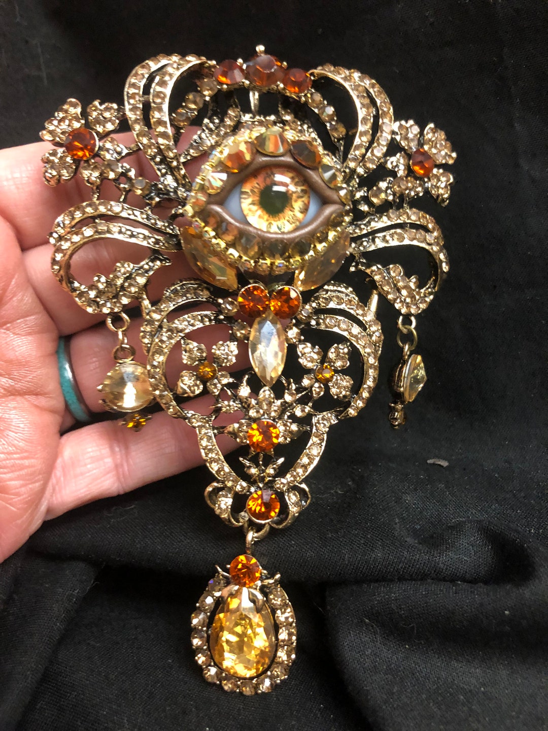 HUGE Epic Golden Topaz Eyeball Art Brooch (or Pendant With Loop) With a ...