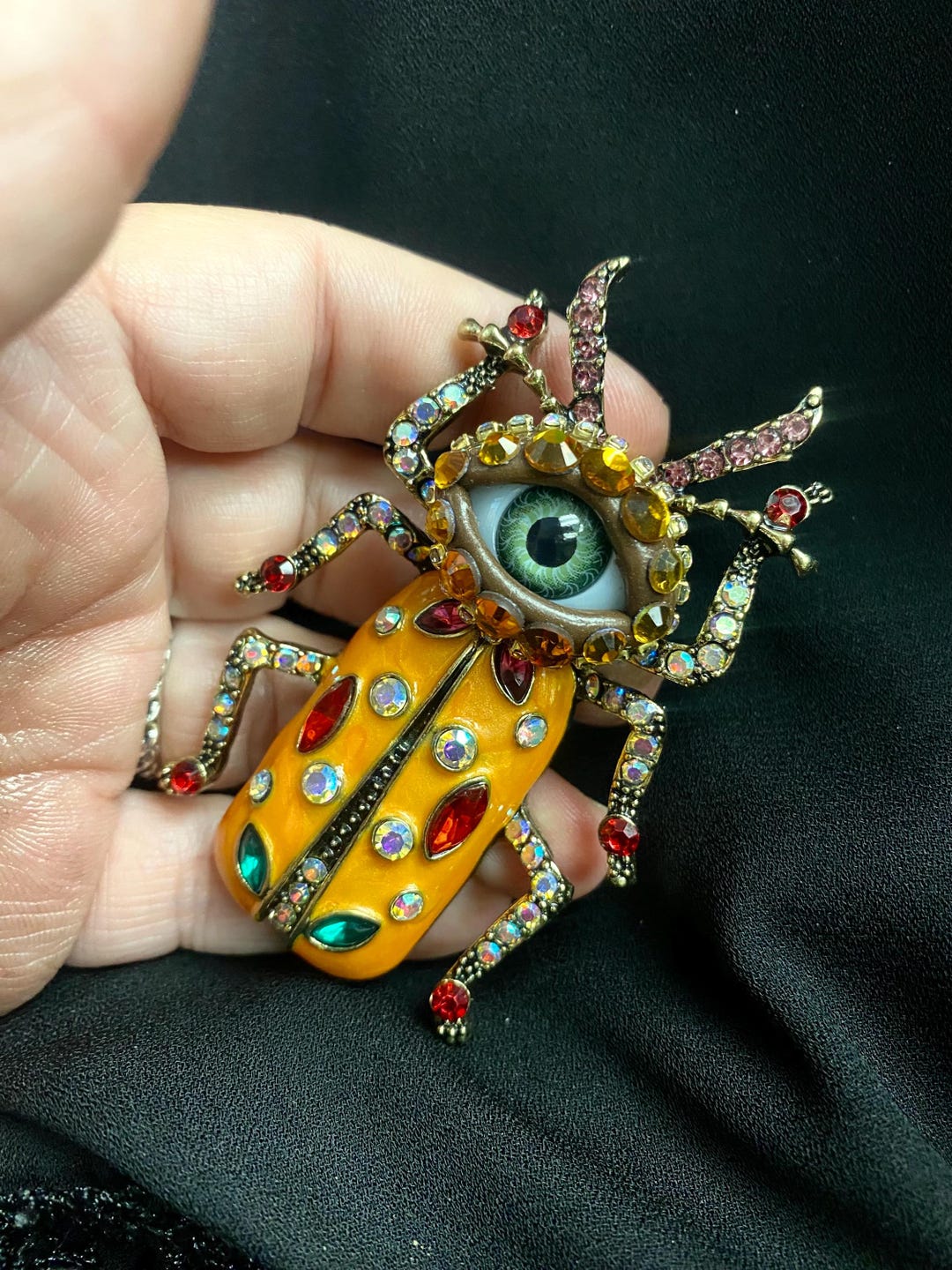Giant Enameled Beetle Brooch, Rhinestone Eyeball Art Pin (3”x2” - Etsy UK