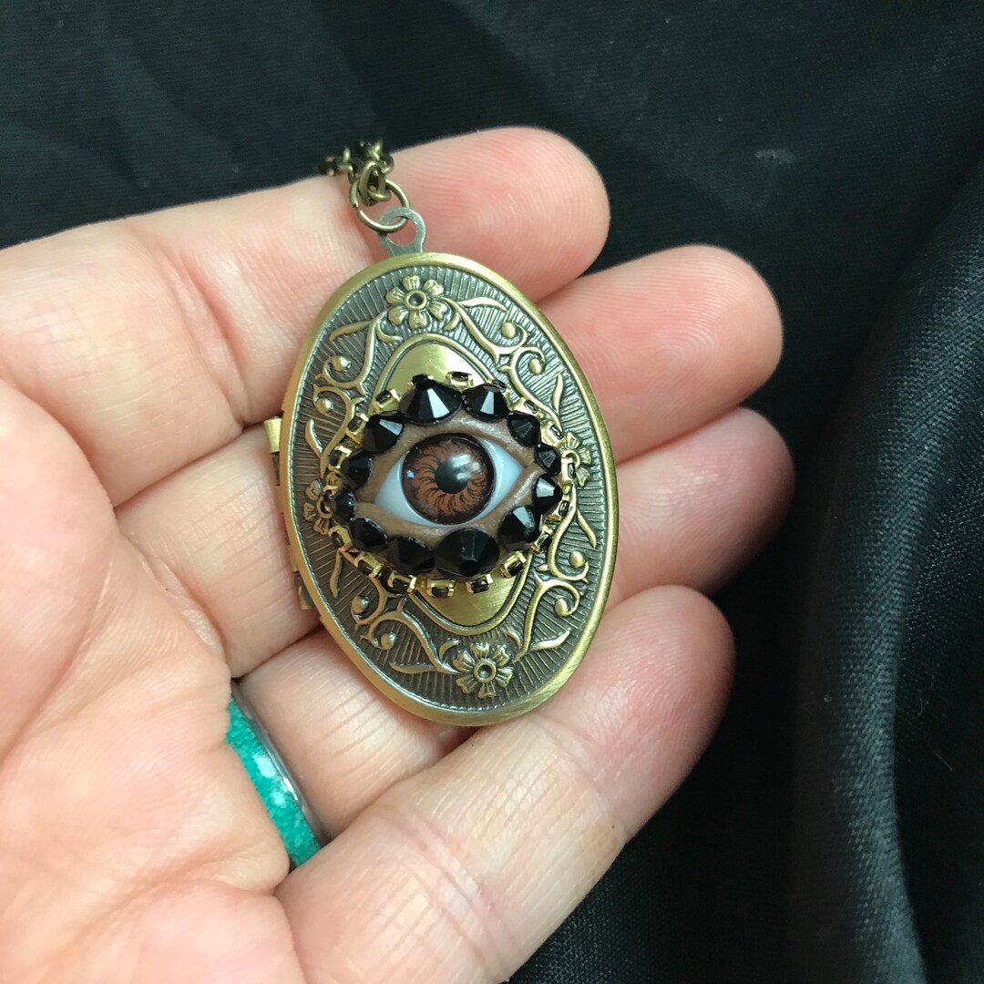 Vintage Bronze Eyeball Locket Necklace, Rhinestone Eye Pendant - Etsy