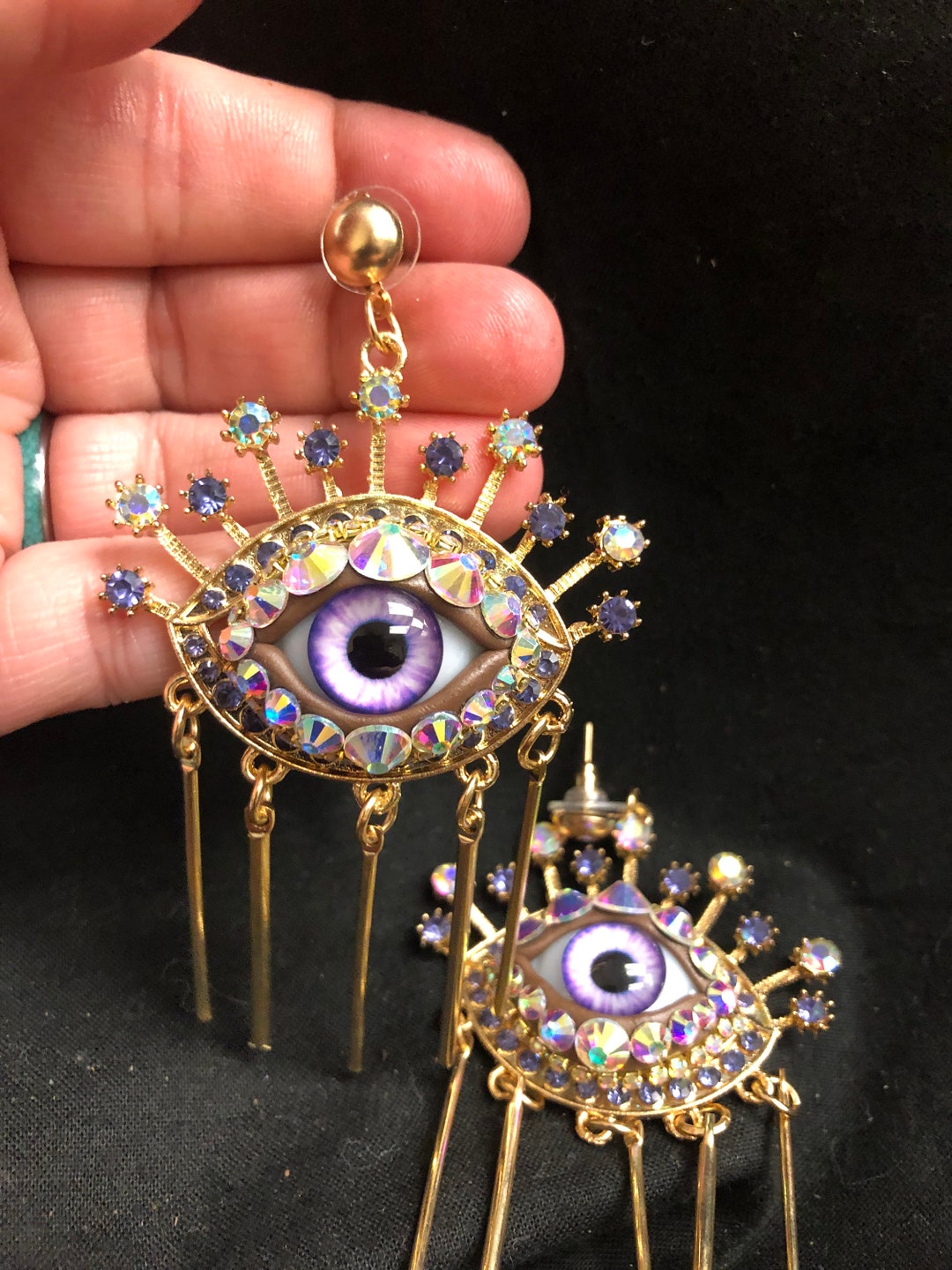 New! Gold Tone Purple and Iridescent Eyeball Art Dangle Earrings With ...
