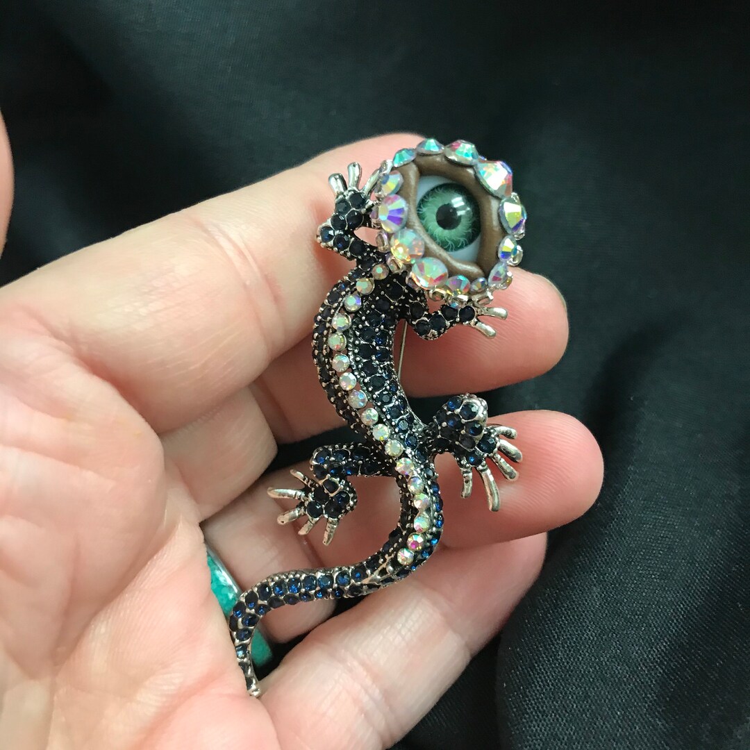 Whimsical and Unique Bejeweled Lizard Eyeball Art Brooch With a Natural ...
