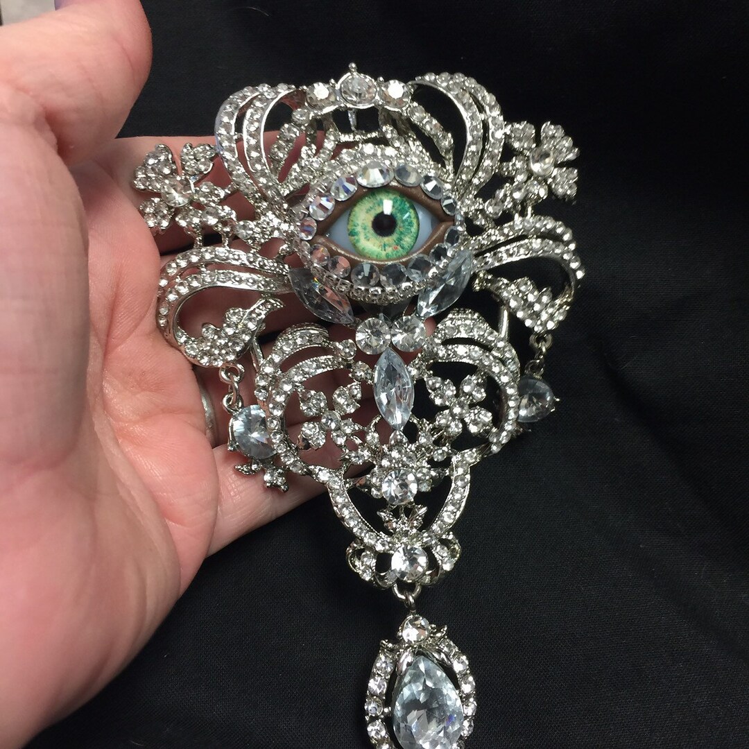 Crystal Eyeball Brooch: Handmade Green Glass Iris, Rhinestone Art - Etsy