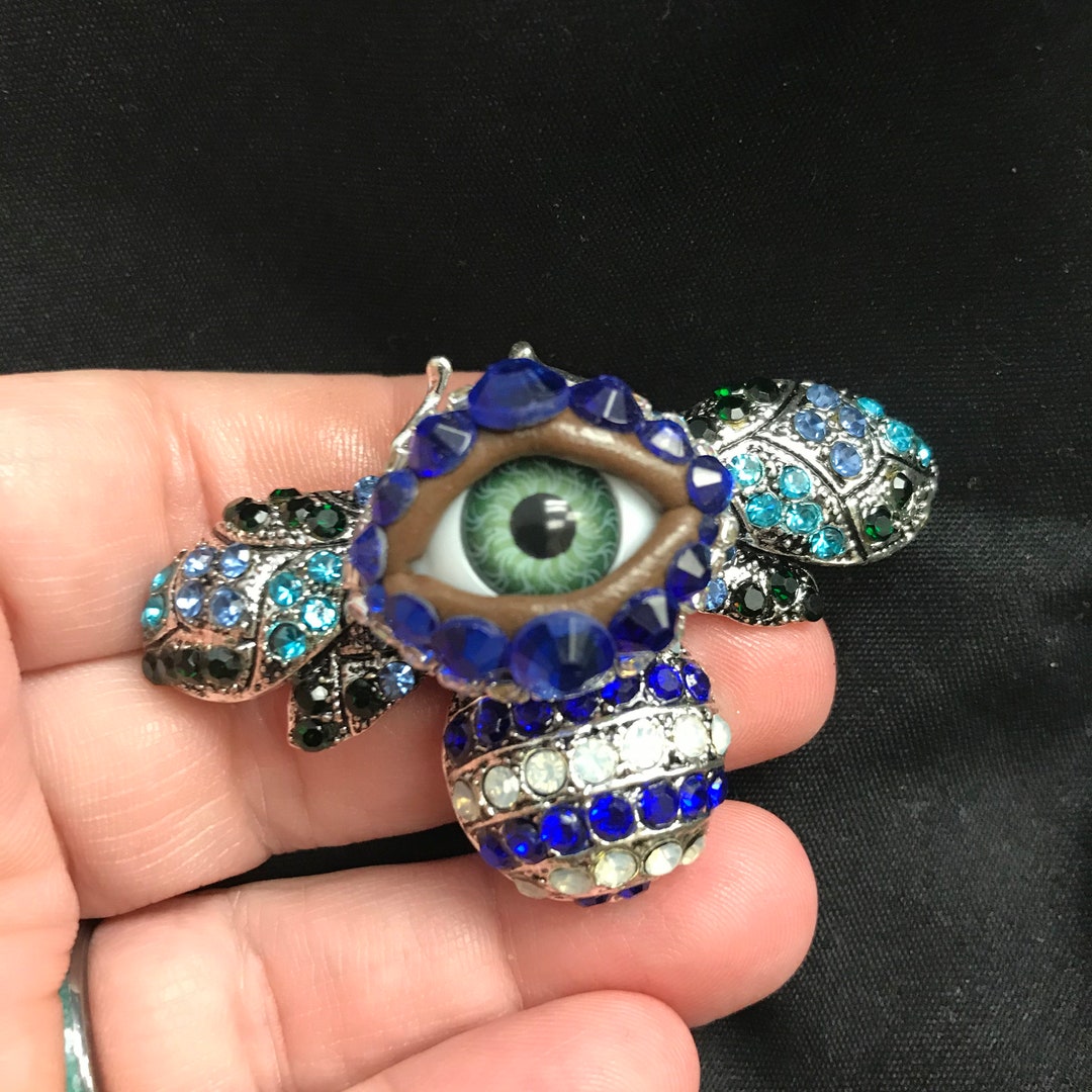 Large Blue BEE Eyeball Art Brooch With a Natural Green Eye and Hand ...