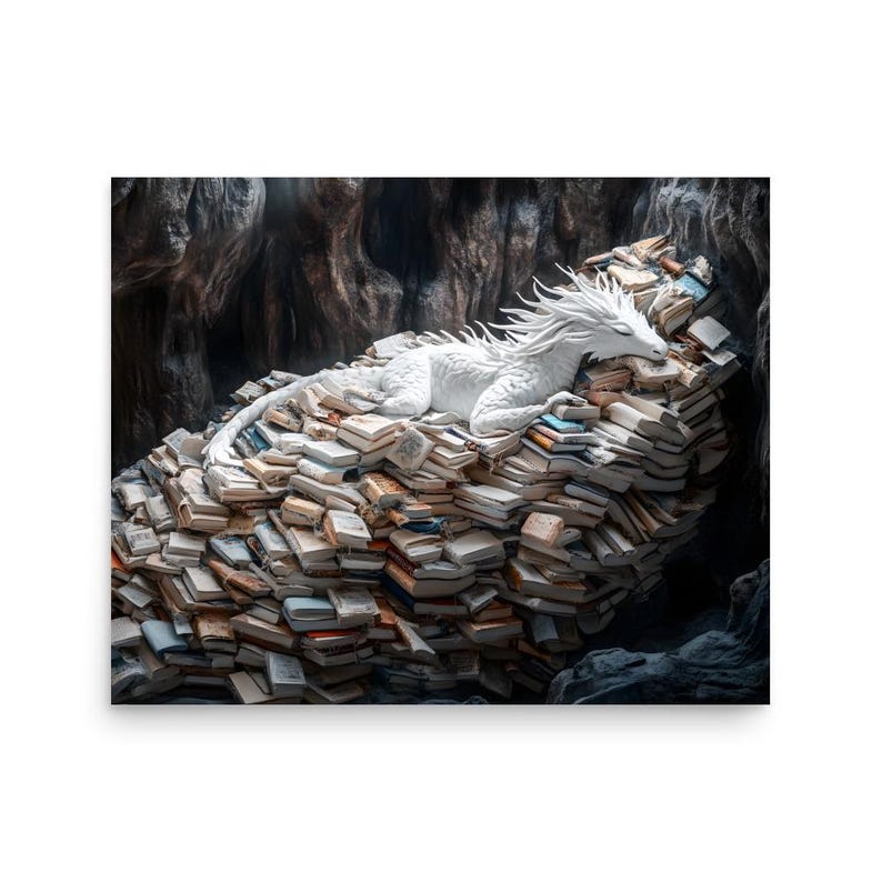 White Dragon Sleeping on Book Hoard – Unframed Poster for Book Lovers ...
