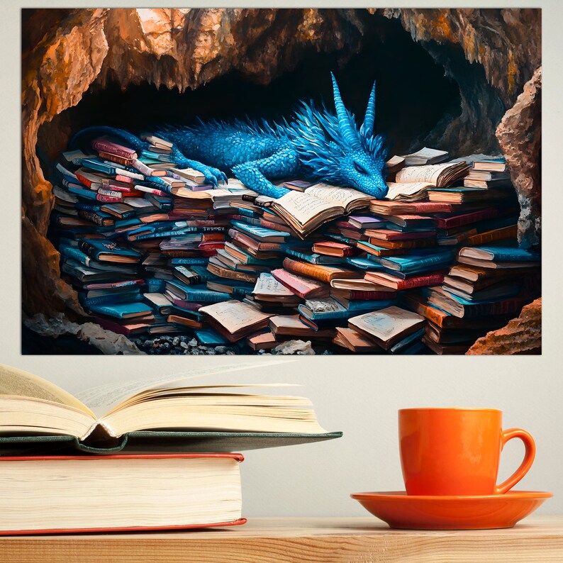 Blue Dragon Sleeping on a Book Hoard | Dragon Art Print | Book Hoarding ...