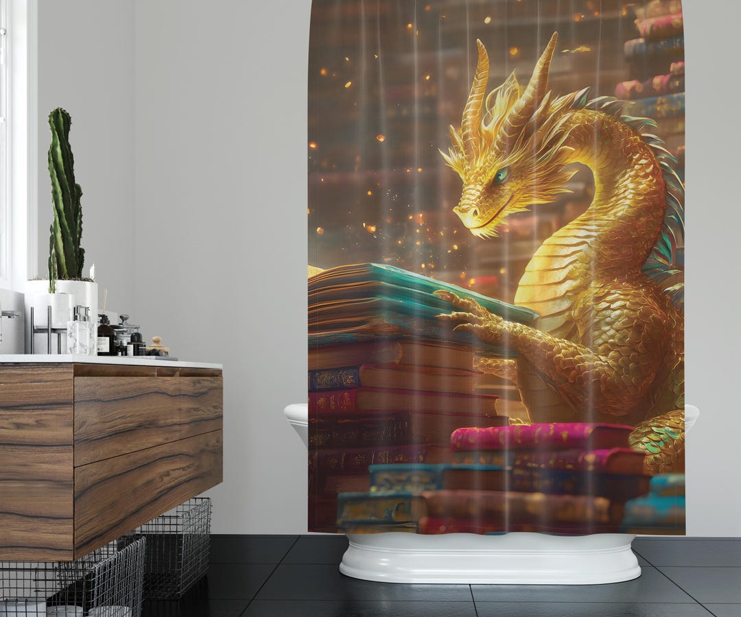 Bookwyrm Dragon Shower Curtain - Fantasy Book Dragon Bathroom Decor ...