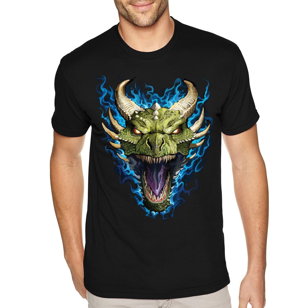 Men's Tee Flaming Dragon Head Fire Flames Reptile Mythical Animal ...
