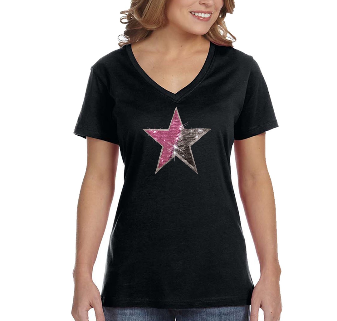 Womens Silver Pink Star Reversible Flip Sparkle Sequin Sequined V-neck ...