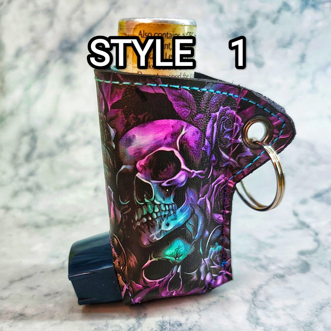 Purple and Teal Gothic Skulls Asthma Inhaler Holder Cover Keyring, Pump ...
