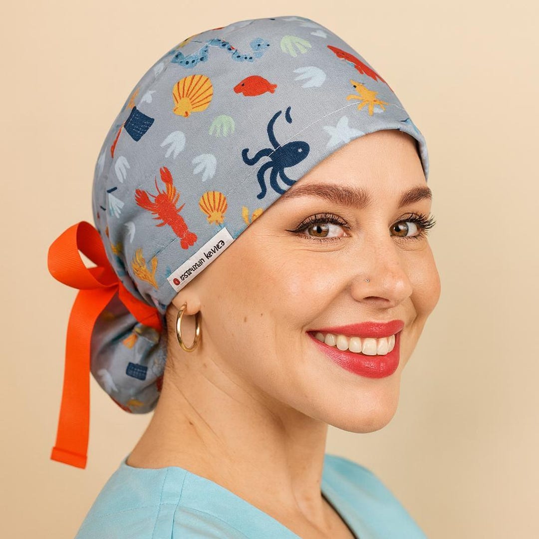 Seashel & Lobster Scrub Caps Ponytail Surgical Cap Ocean Fish Scrub Hat ...