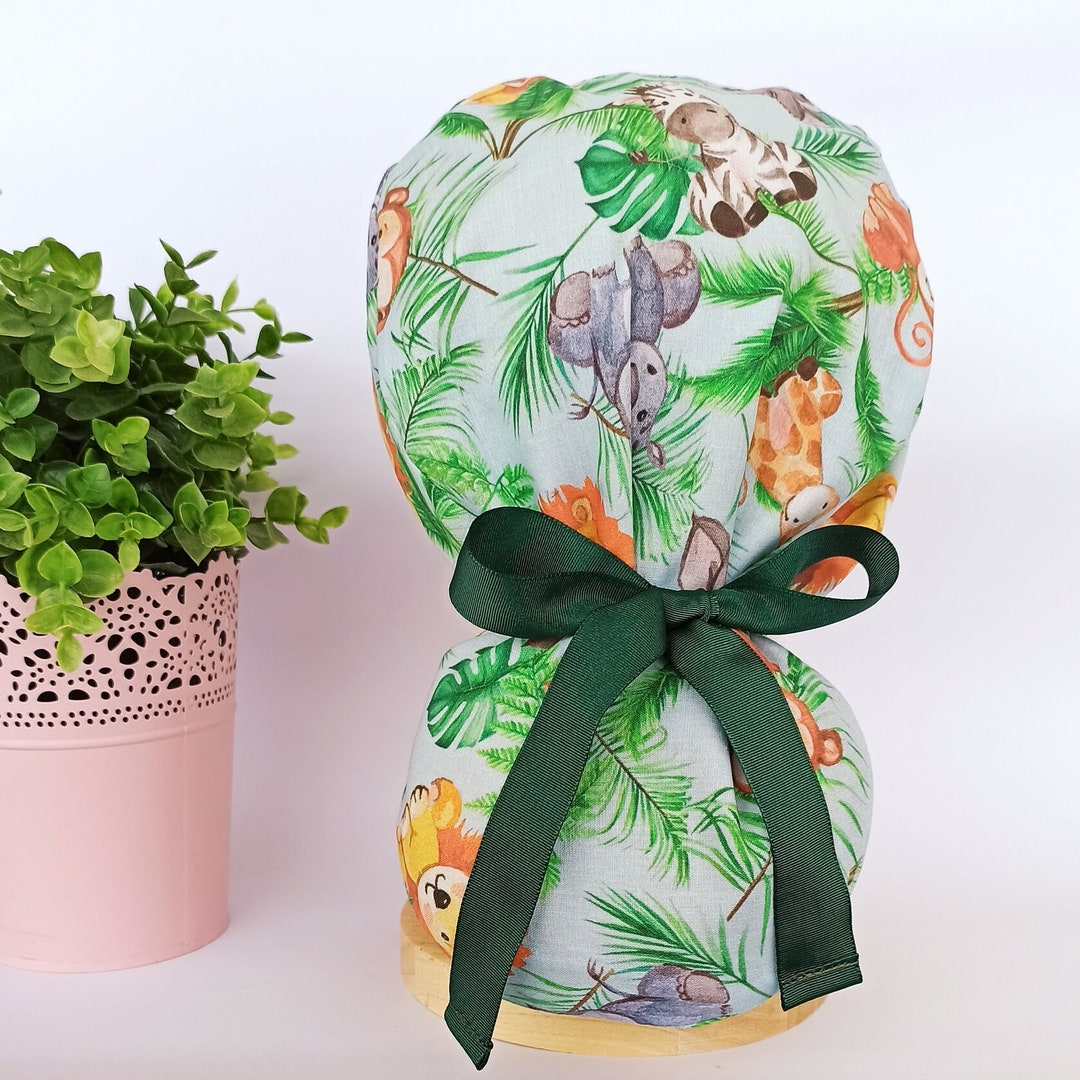 Safari Animals Scrub Cap Ponytail Satin Lined Surgical Cap Women Lions ...