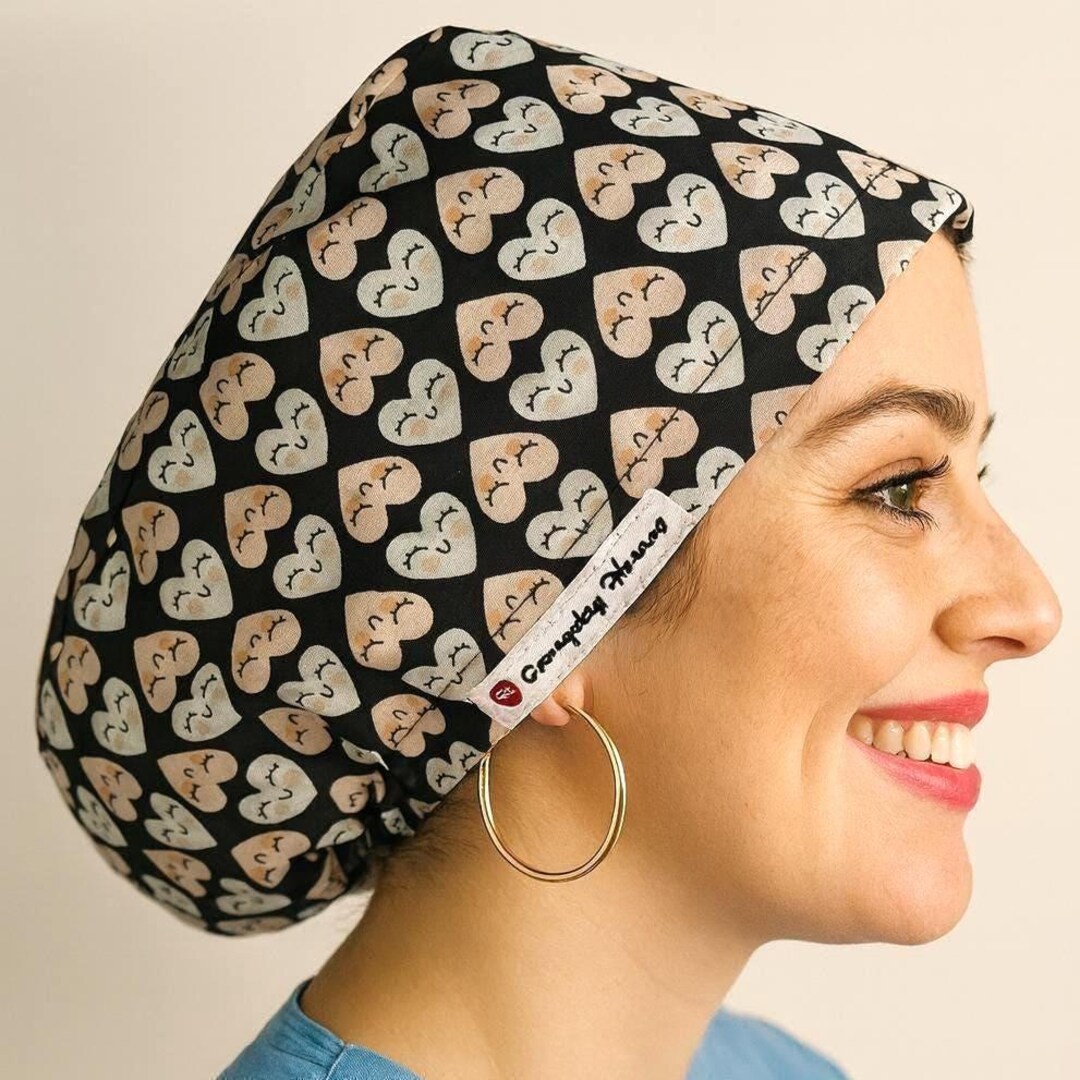 Black Pink Hearts Scrub Cap for Women Euro Surgeon Scrub Hat Satin ...