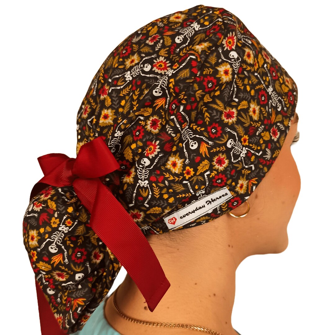 Scrub Cap Womens Skeletons Ponytail Scrub Cap Satin Lined Custom ...