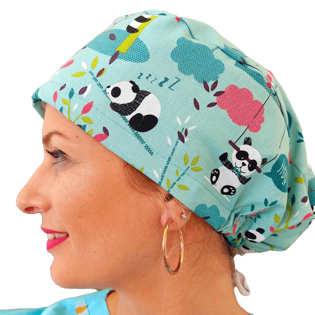 Panda Bears Satin Lined Scrub Cap, Custom Name Scrub Caps for Women ...