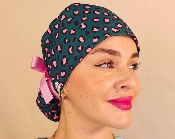 Pink Leopard Ponytail Scrub Caps for Women Satin Lined, Surgical Cap ...