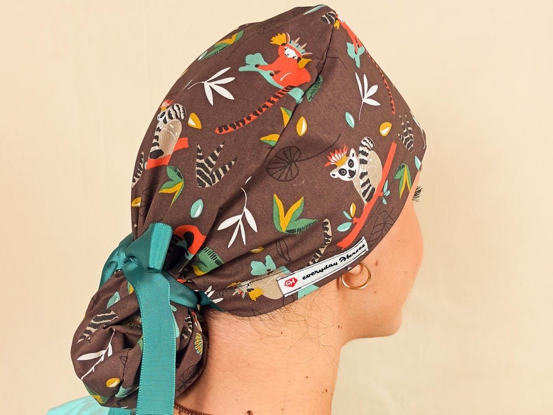 Scrub Cap Animal Lemur Surgical Cap Women Satin Lined Scrub Hat ...