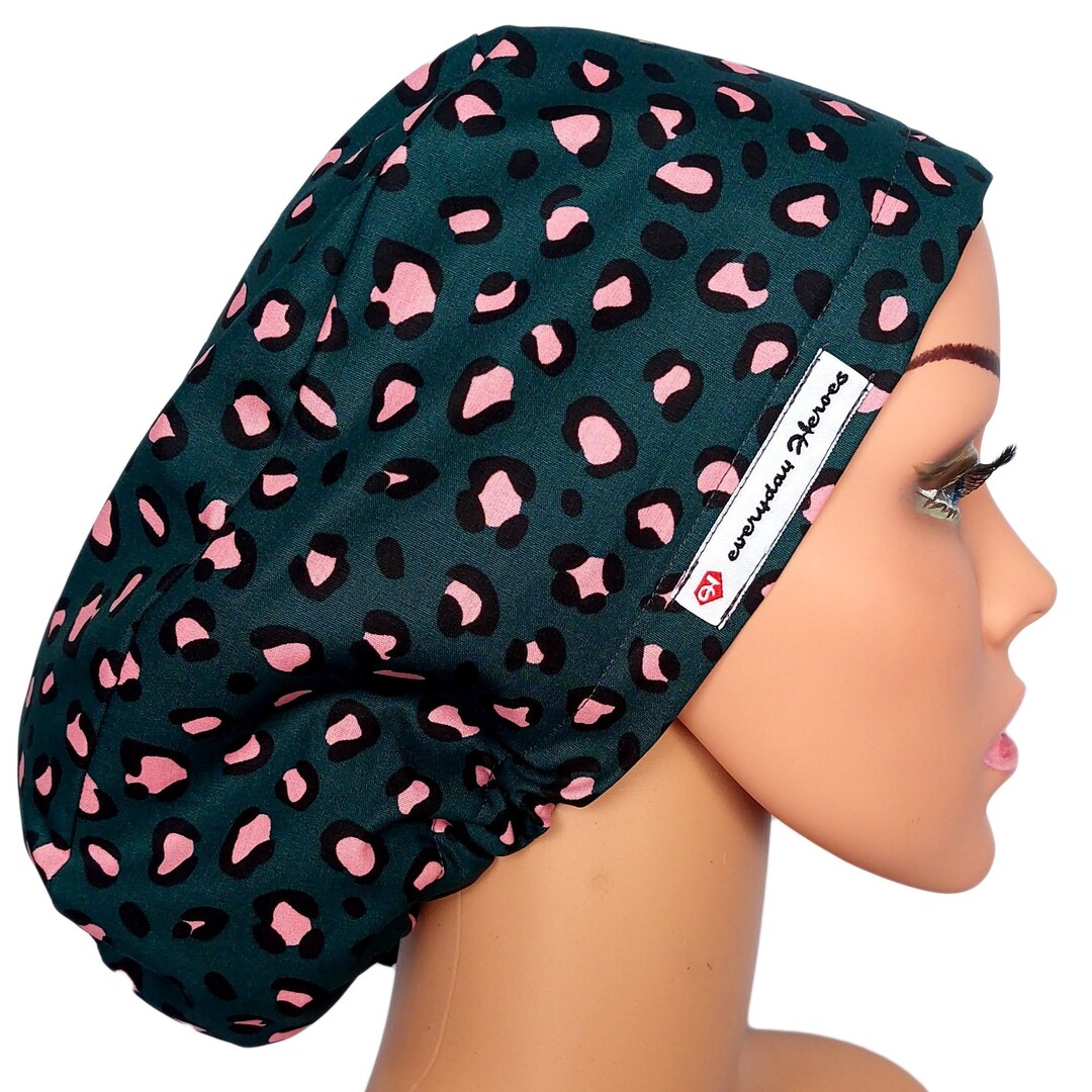 Pink Leopard Satin Lined Scrub Cap, Custom Name Scrub Caps for Women ...
