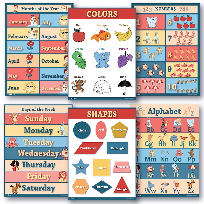 6 Educational LAMINATED Poster Pack Charts for Classrooms Early ...