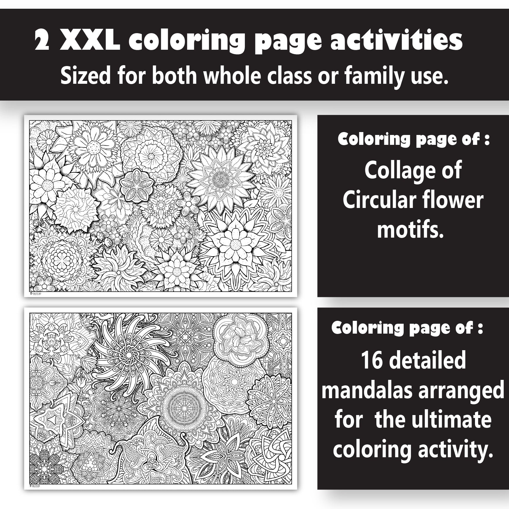 2 Pack of Giant Coloring Posters of Flowers and Mandala Collages Young ...