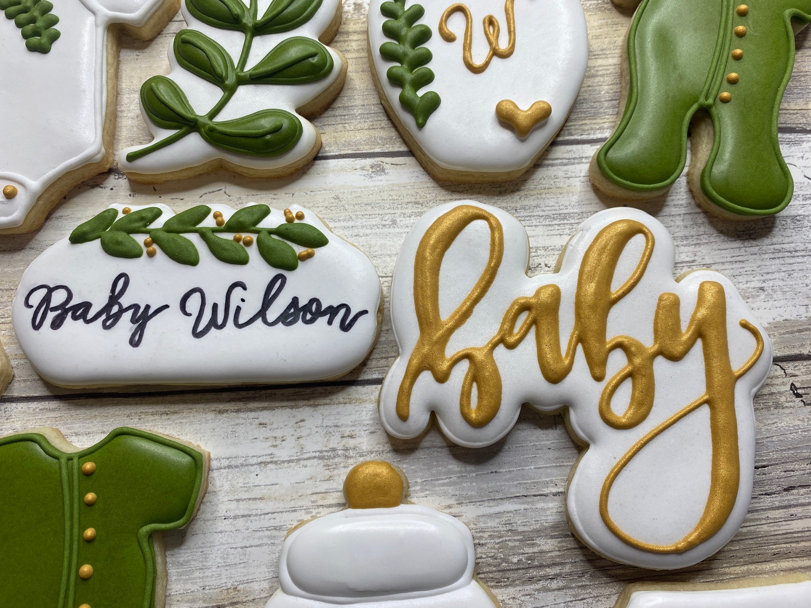 Greenery and Gold Baby Shower Cookies: Customizable Shower Gift, Gender ...