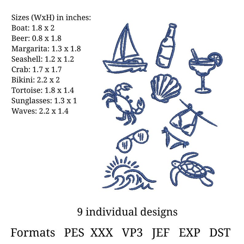 Coastal Embroidery Design Set, Beach Vacation Icons Embroidery, Summer ...
