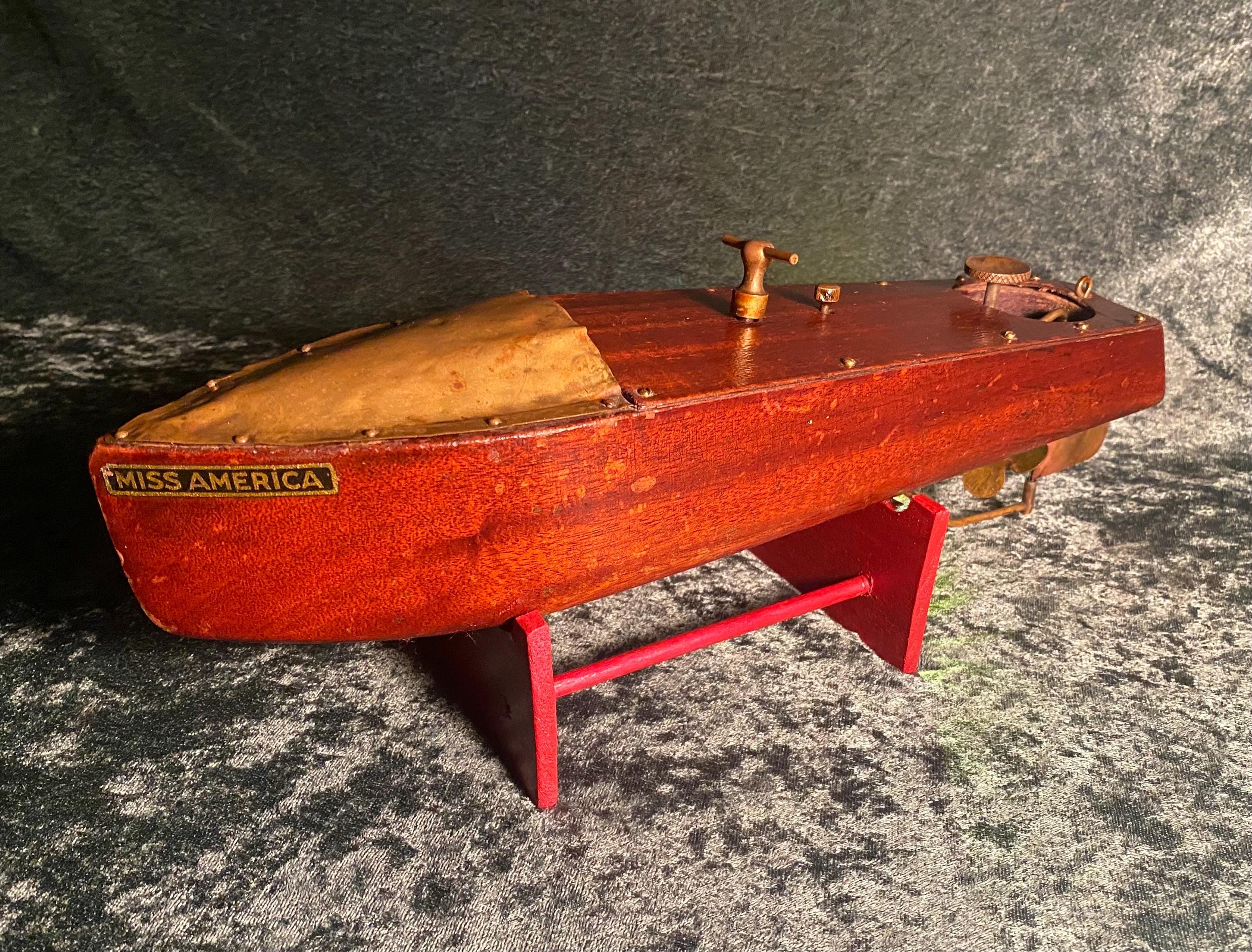 Antique Mahogany Wood Clockwork Speed Boat Mengel Playthings Miss ...