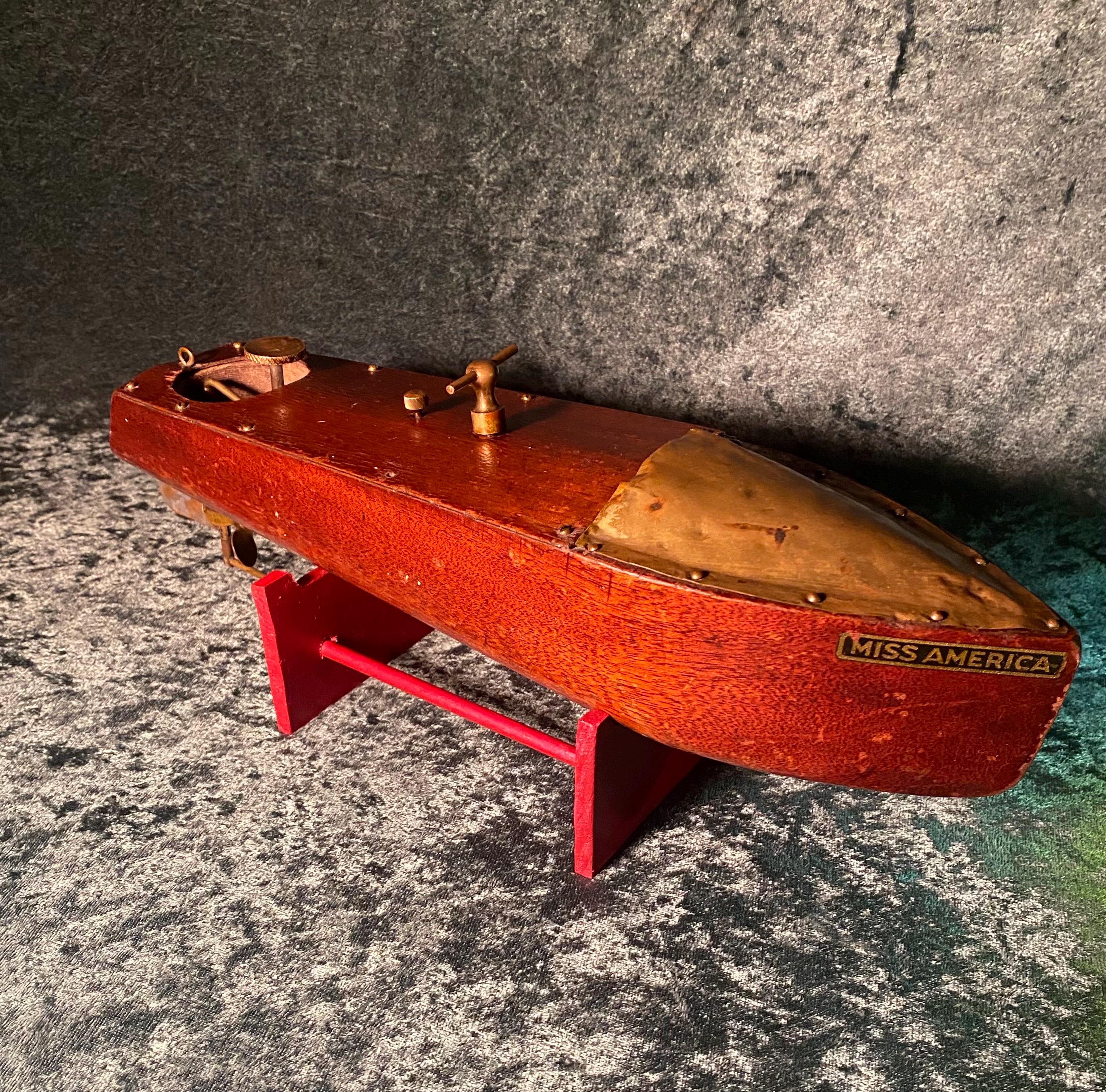 Antique Mahogany Wood Clockwork Speed Boat Mengel Playthings Miss ...
