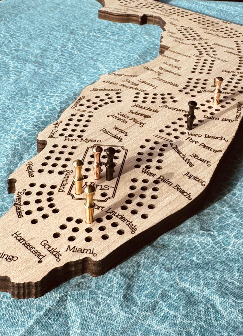 Florida Cribbage Board Game Set, Wooden 3-track, Metal Pegs, Made in ...