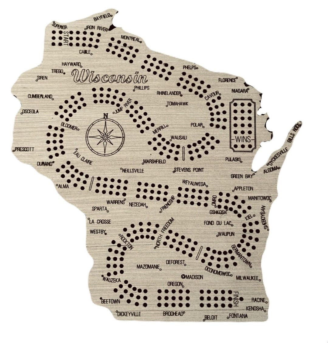 Wisconsin Shaped Cribbage Board Game Set, 3 Track With Metal Pegs, Made ...