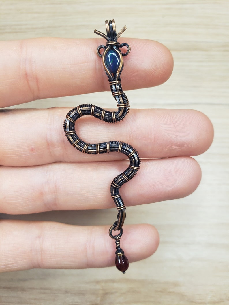 Black Opal and Garnet Snake Copper Wire Wrapped Pendant, Crystal ...