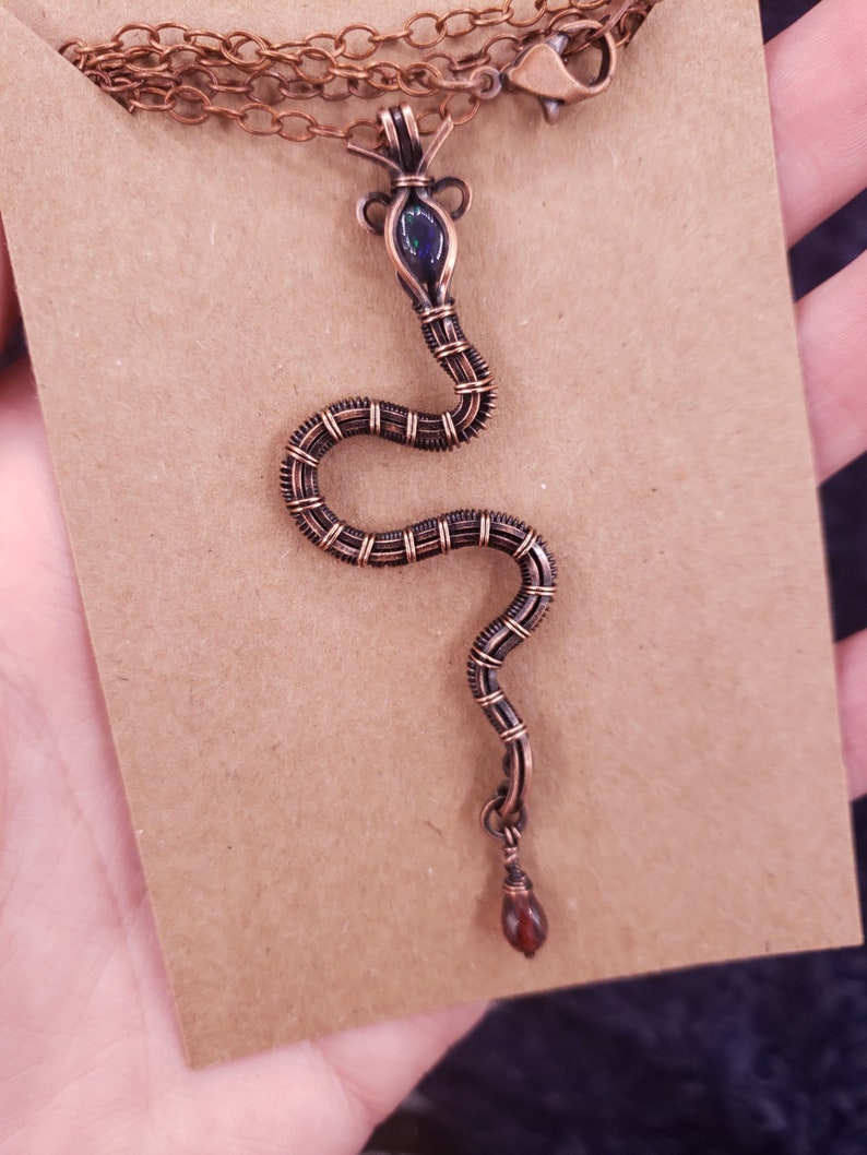 Black Opal and Garnet Snake Copper Wire Wrapped Pendant, Crystal ...