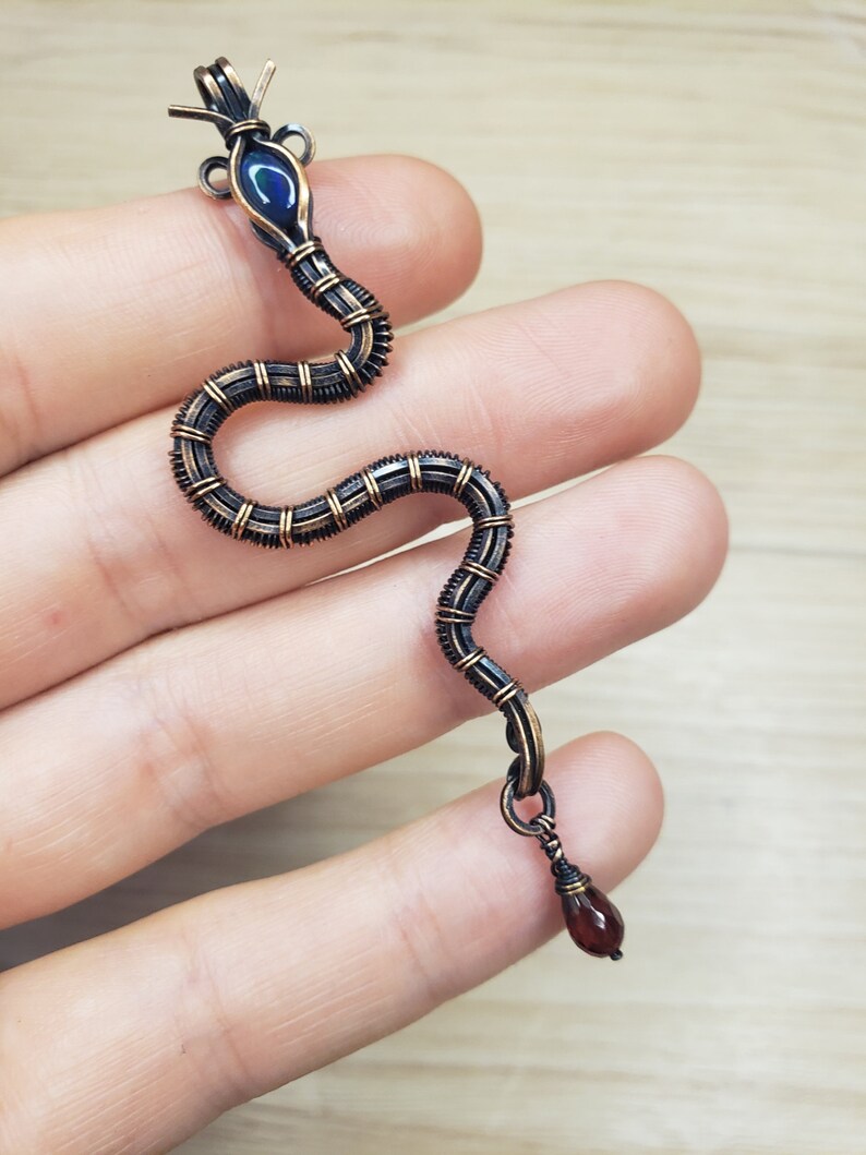 Black Opal and Garnet Snake Copper Wire Wrapped Pendant, Crystal ...