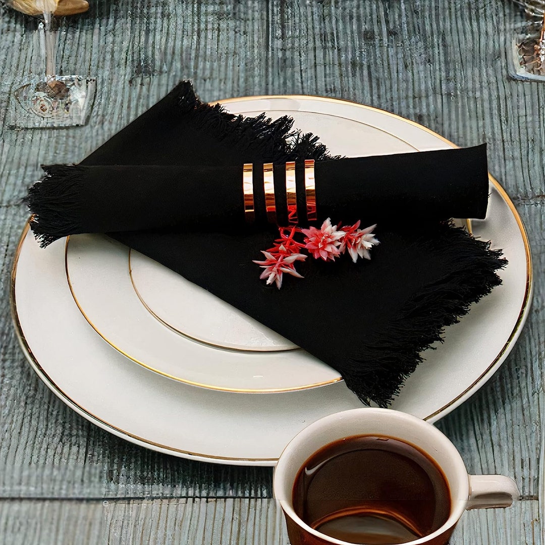 Cotton Table Black Fringe Napkins With Rings - Elegant Frayed Edge ...