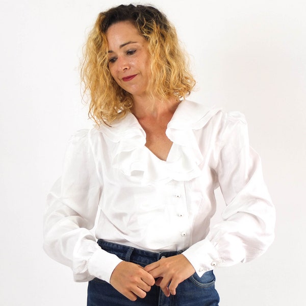 White Ruffle Blouse Etsy