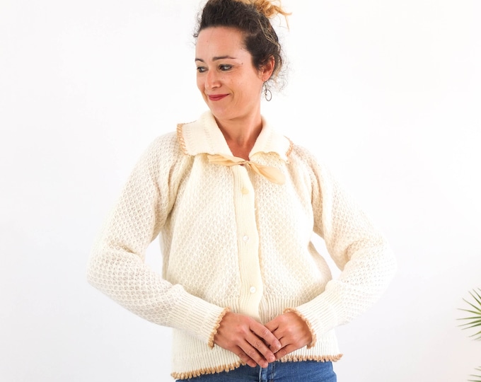 Vintage 1970s White Crochet Cardigan, 70s Pointelle Cardigan With ...