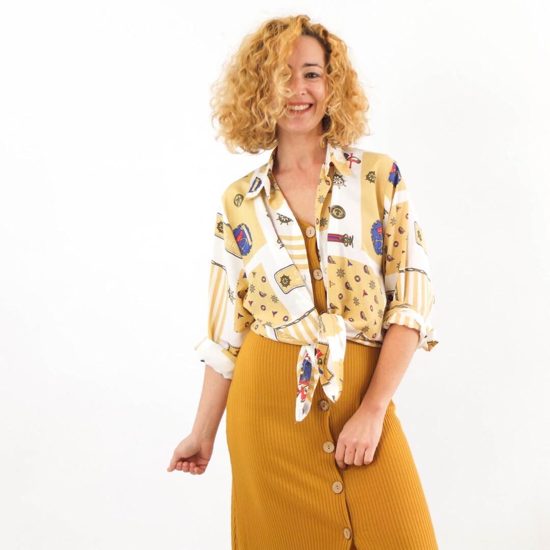 Vintage 90s Novelty Nautical Blouse, 90s Oversized Button Blouse ...