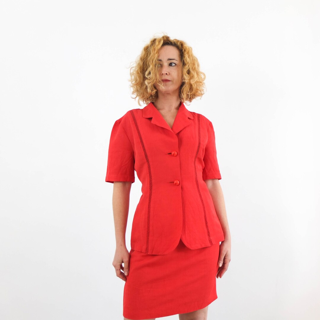 Vintage 90s Linen Suit Set, 90s Red Two Pieces Blazer Skirt Set ...