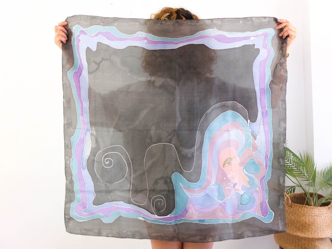Vintage Abstract Print Scarf, Women Face Print Scarf, Vintage Tie Dye ...