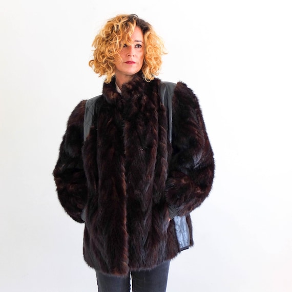 Vintage 80s black leather and fur coat, 80s oversized… - Gem