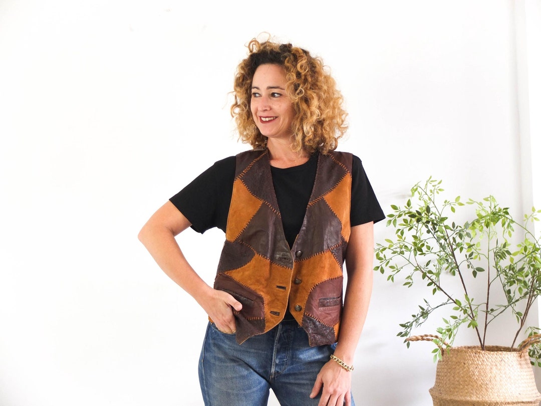 Vintage Leather Suede Patchwork Vest, 70s 80s Boho Suede Vest Top, 80s ...