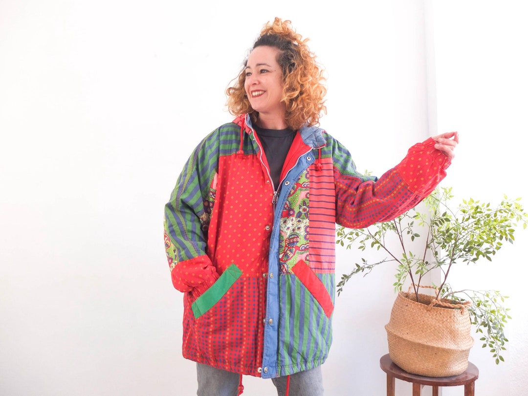 Vintage 80s 90s Patchwork Puffer Coat, Retro Colorful Puffer Jacket ...