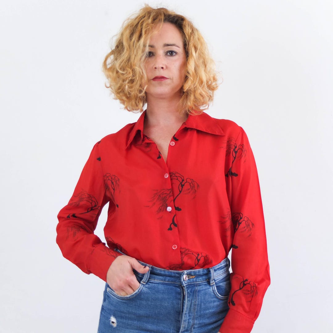 Vintage 70s Red Dagger Collar Shirt Size M Women, Japanese Style Silk ...