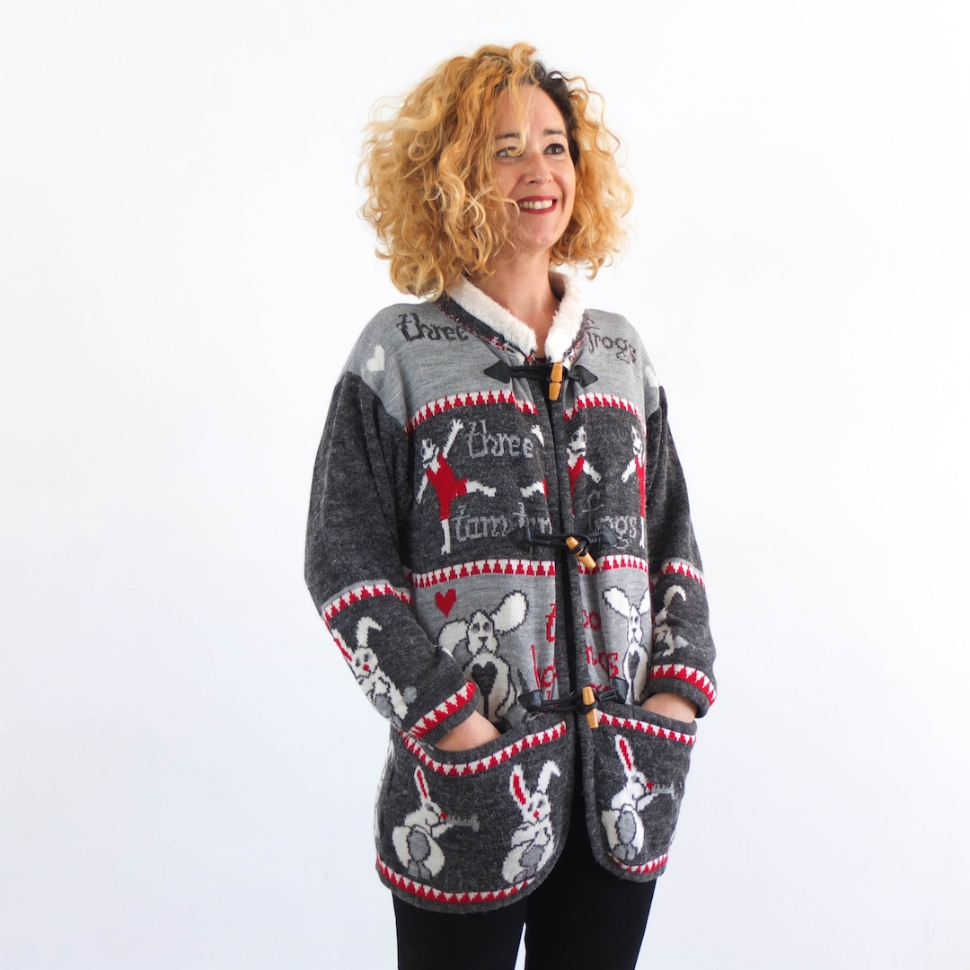 Vintage 80s Novelty Rabbit Cardigan, 1980s Kitsch Wool Cardigan Sweater ...