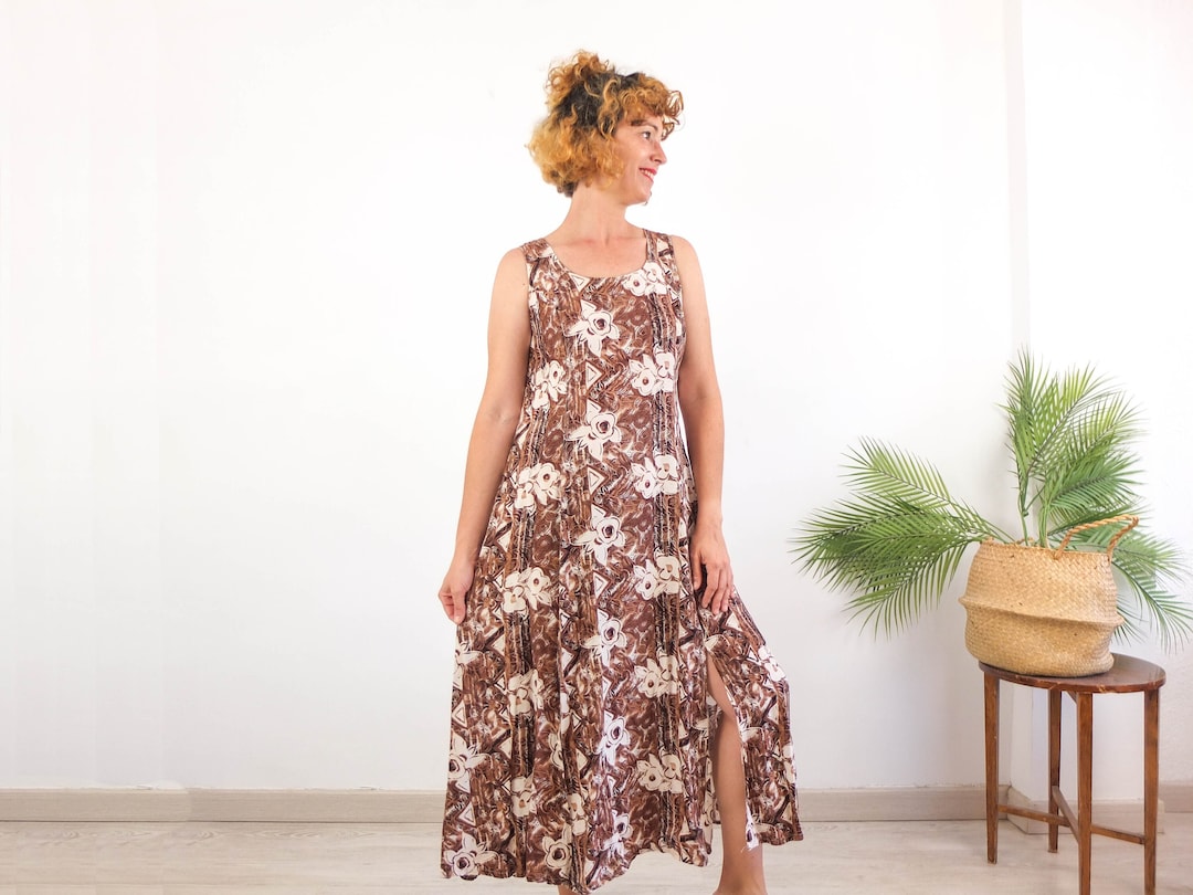 Vintage 90s Boho Floral Tank Dress, Brown Floral Maxi Sundress, 90s ...