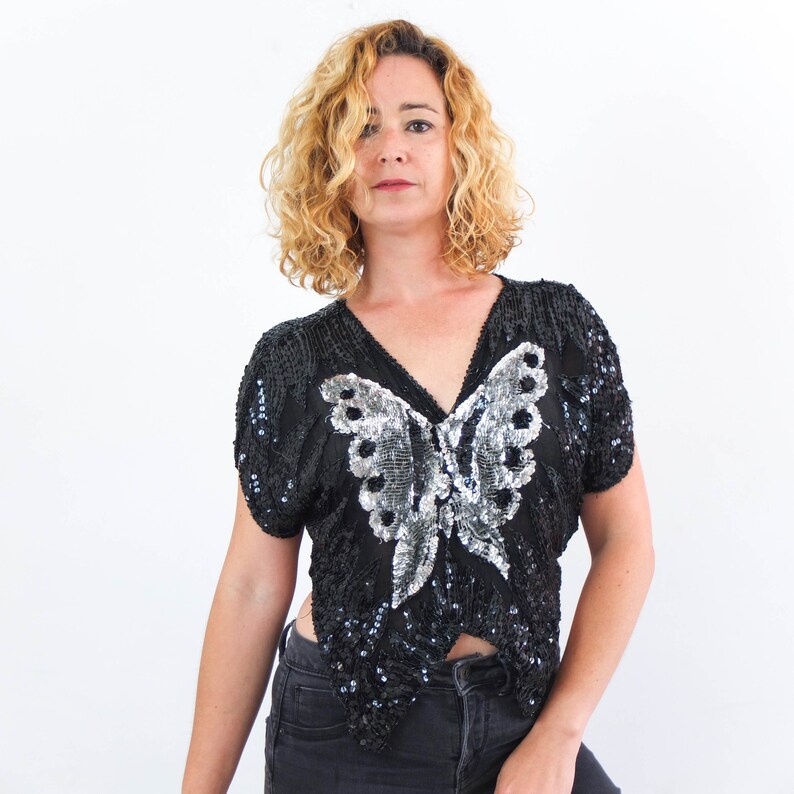 Vintage 80s Sequin Butterfly Top 80s Disco Sequin Top Black - Etsy