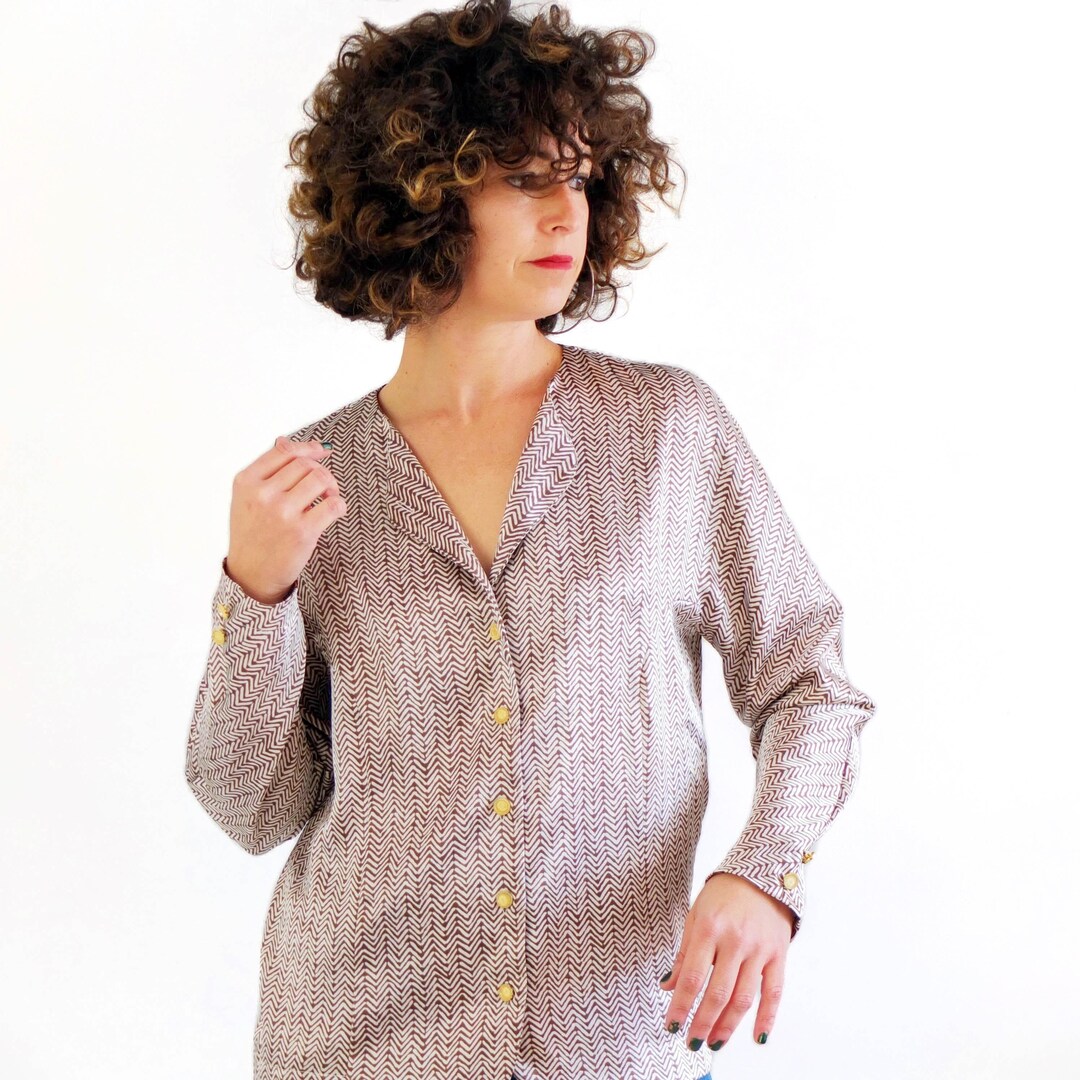 Vintage 80s Silky Satin Blouse, Abstract Herringbone Graphic Print ...