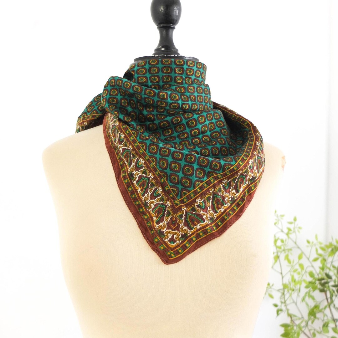 Vintage Baroque Silk Scarf, 90s 80s Green Block Print Scarf, 90s Medium ...