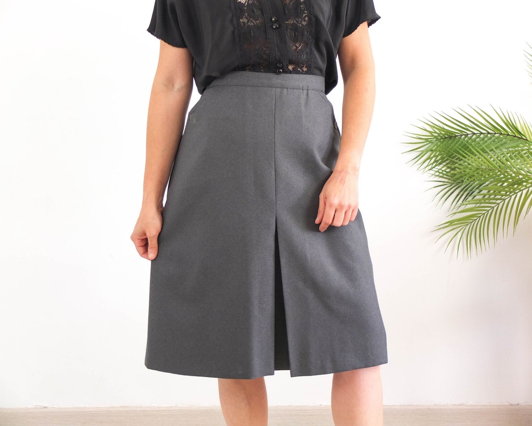 Vintage 80s Gray Wool a Line Skirt, 80s Secretary Pleated Skirt Plus ...